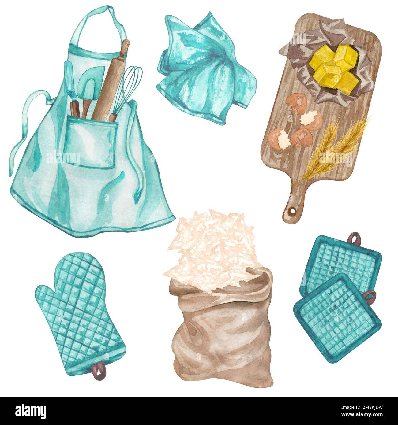 watercolor Baking set with kitchen utensils, chopping board, butter ...