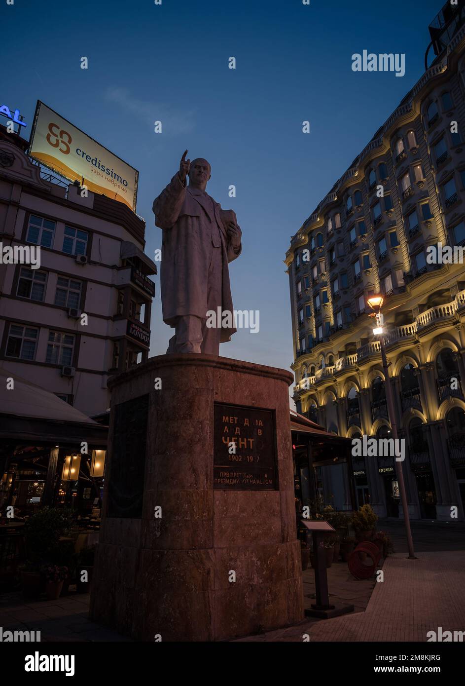 A statue of Metodija Andonov-Chento in the center of Skopje, North ...