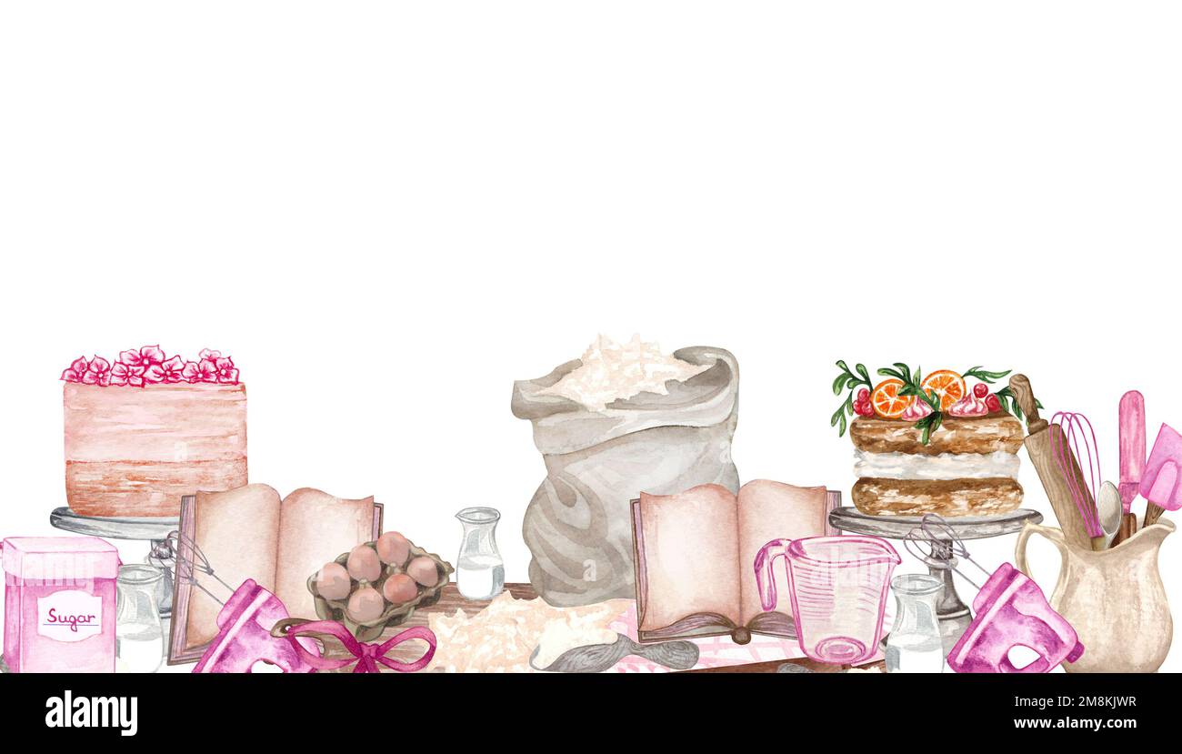 watercolor Baking set with kitchen utensils, mixer, chocolate ...