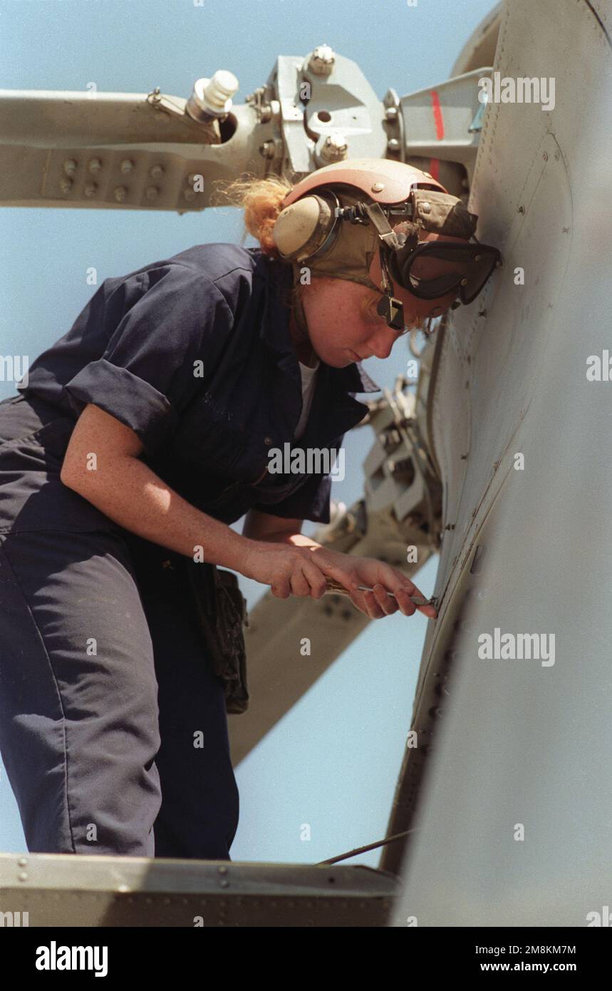 An unidentified female Naval Reservist is doing preventive maintenance ...