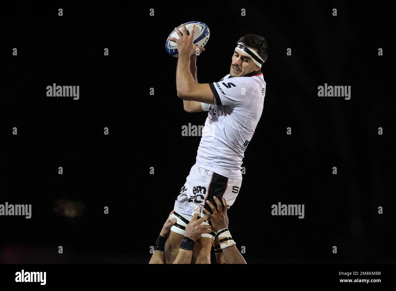 Dylan Cretin of Lyon Rugby leaps to secure the ball at a line-out ...