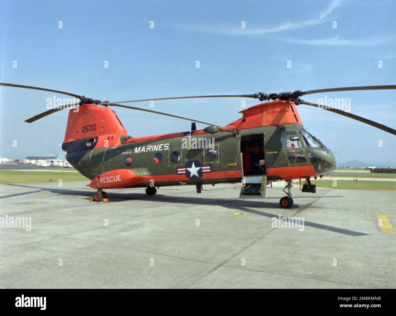 A right side view of an HH-46D Seaknight helicopter on the flightline ...