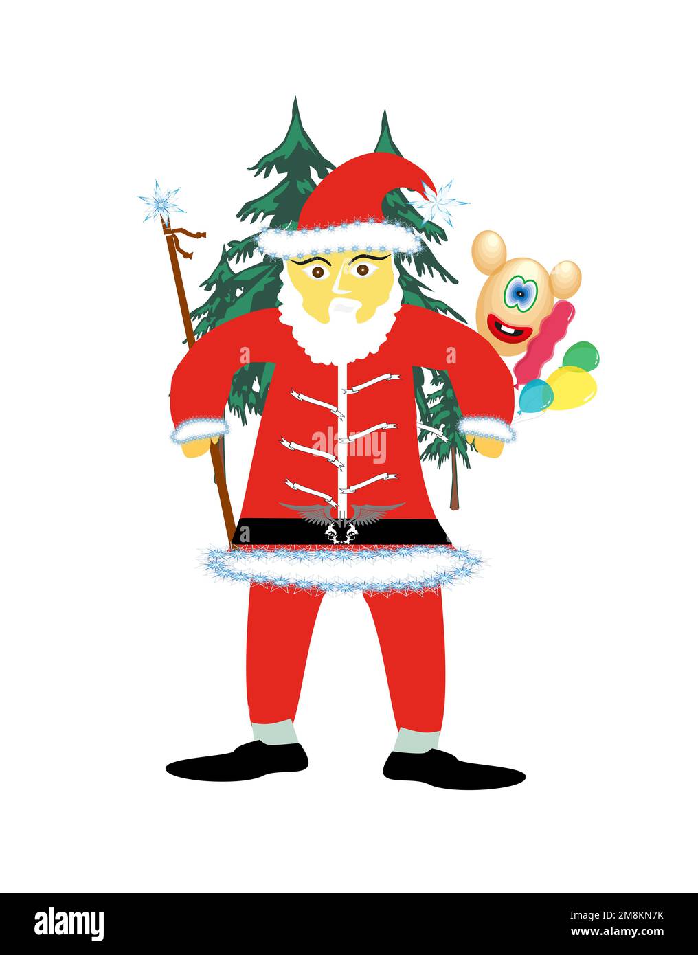 Christmas Santa Claus with balls and staff and pine trees in the ...