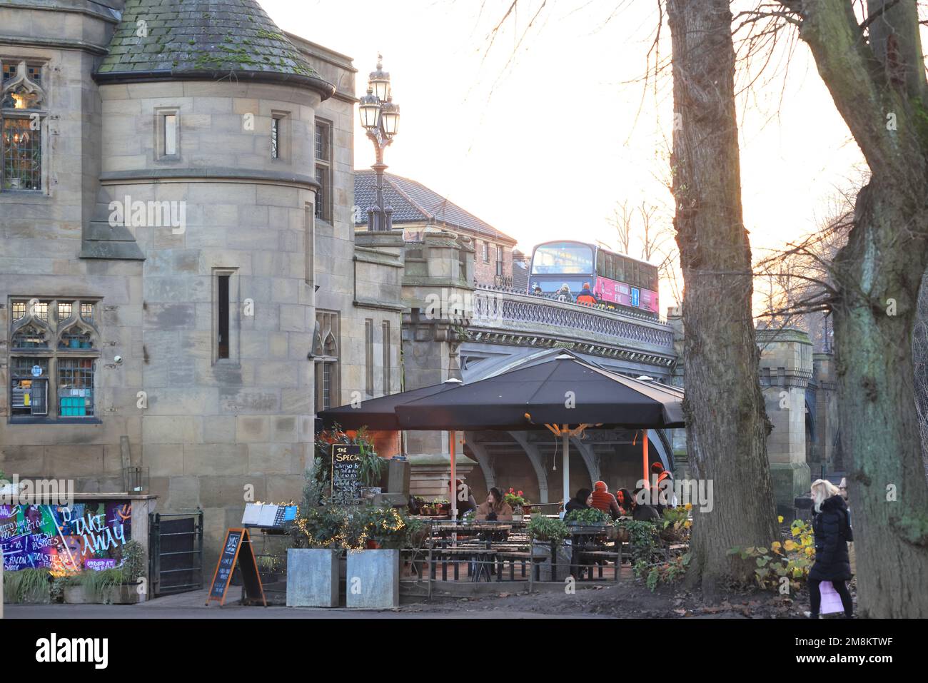 DYLS cafe bar by Skeldergate Bridge in York at sunset in winter, in ...