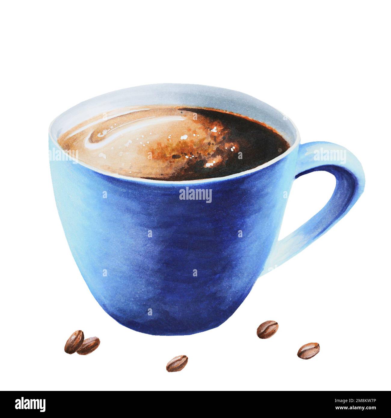 Watercolor strong americano illustration coffee in a porcelain cup with coffee beens. Hand ...