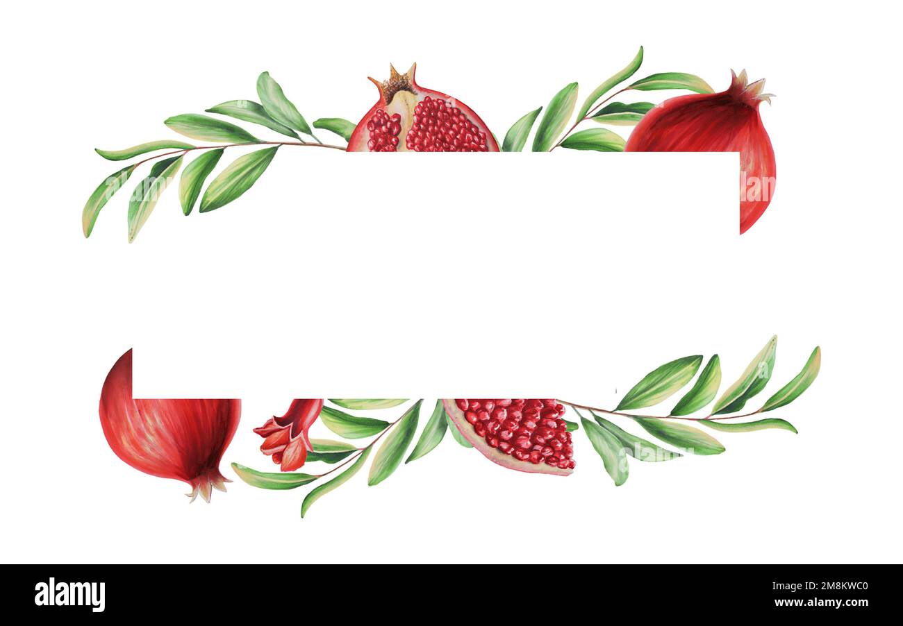 Watercolor pomegranate frame on a branch. Ripe slice, flowers and seeds ...