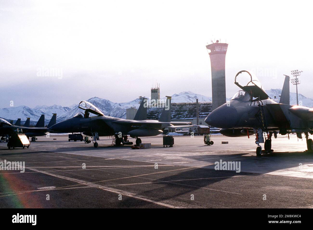 Front view of F-15s assigned to the 54th Fighter Squadron parked on the ...