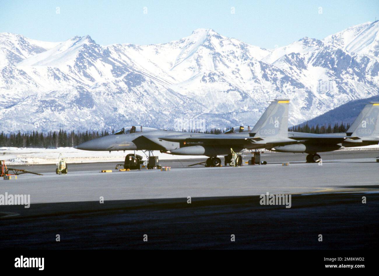 Two F-15 Eagle aircraft of the 54th Fighter Squadron are parked on the ...
