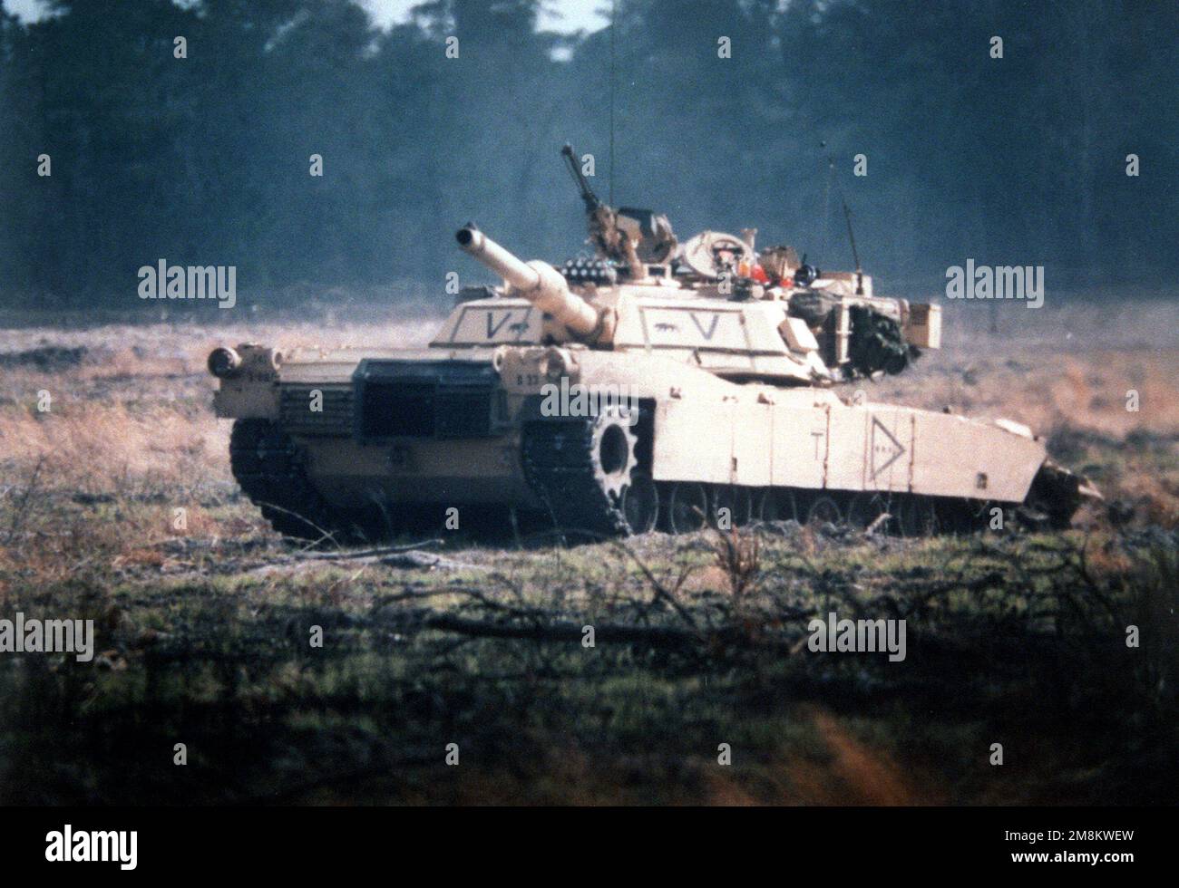 A 3/4 left front close in view of an M-1 Abrams Tank from the 1ST ...