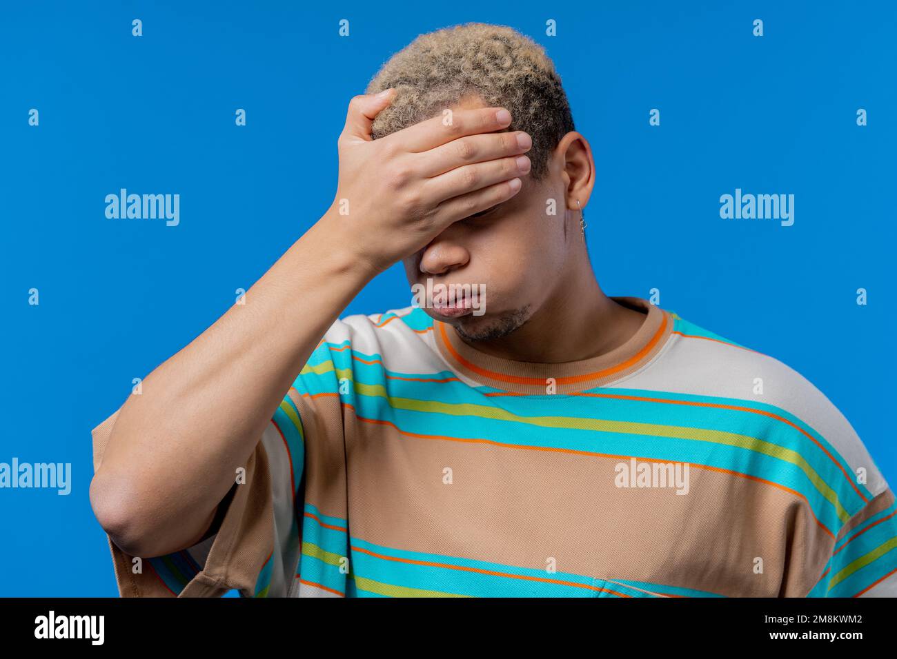 Worried sad man, no, he forgot. Disappointed guy feeling sorrow, regret ...