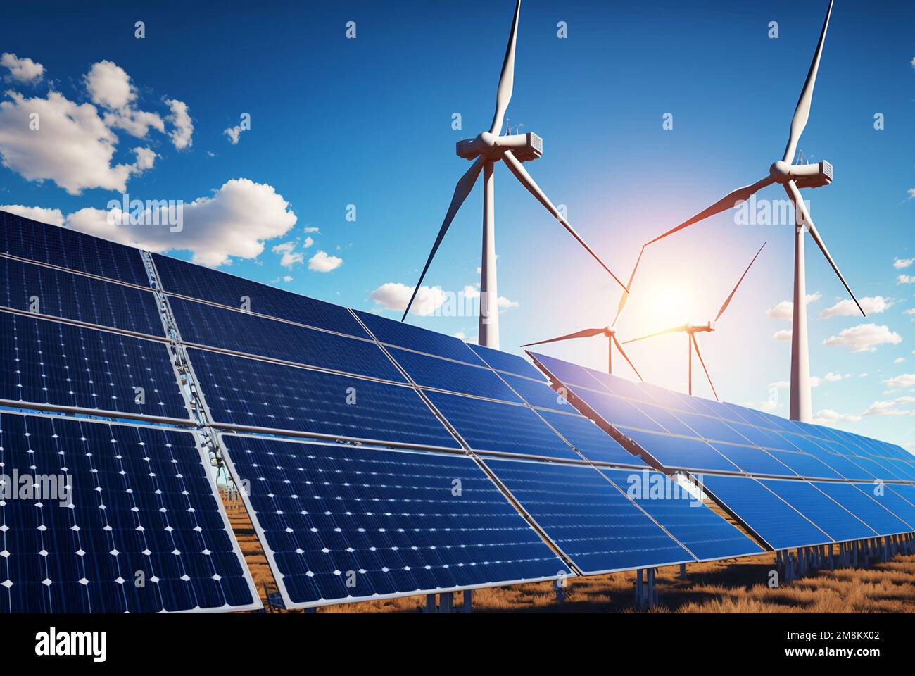 Renewable energy concept with solar panels and wind turbines Stock ...