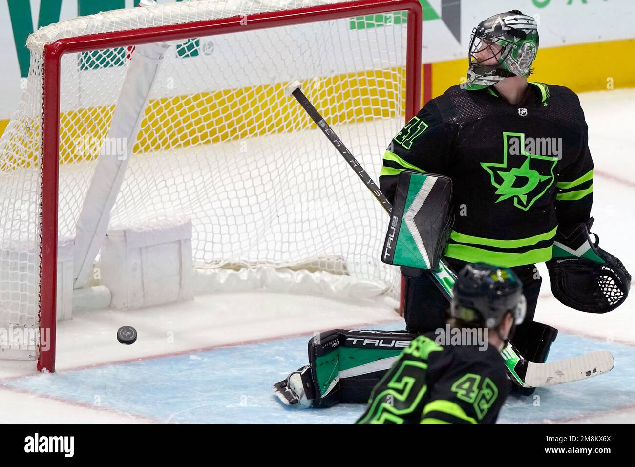 Dallas Stars goaltender Scott Wedgewood (41) allows a goal by Calgary ...