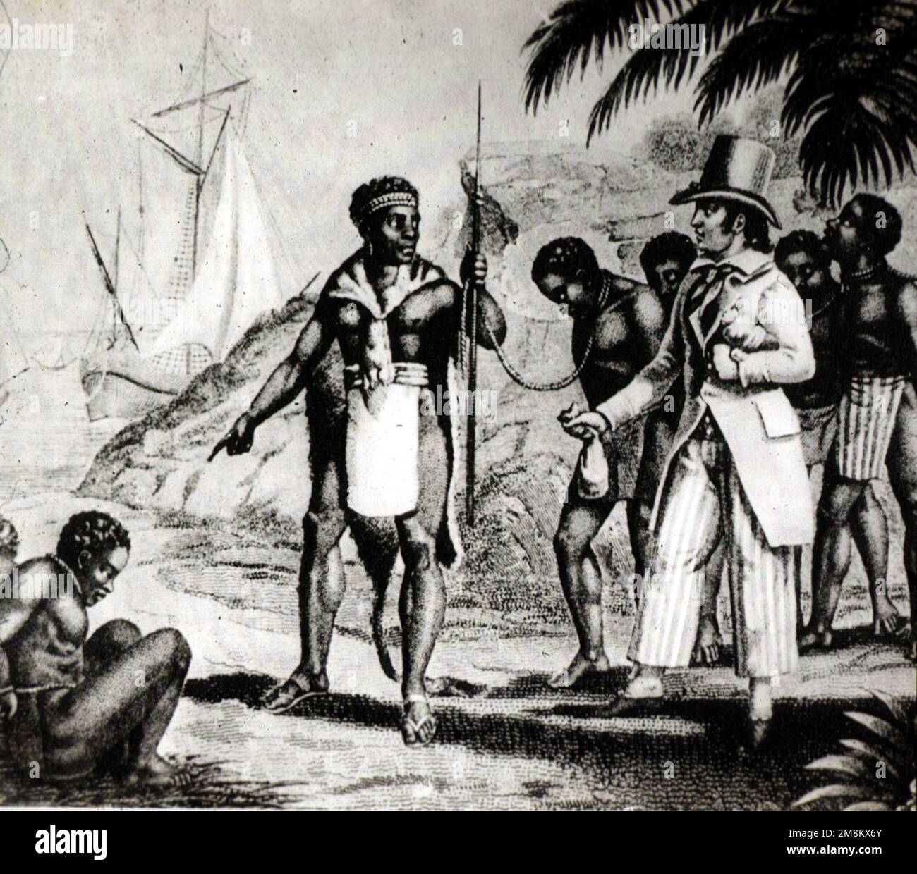 African Merchant Selling Slaves to a European Stock Photo - Alamy