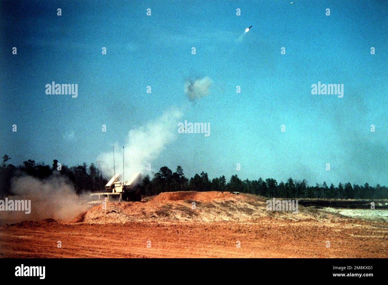 A long shot of an Avenger being fired during a live fire exercise by ...