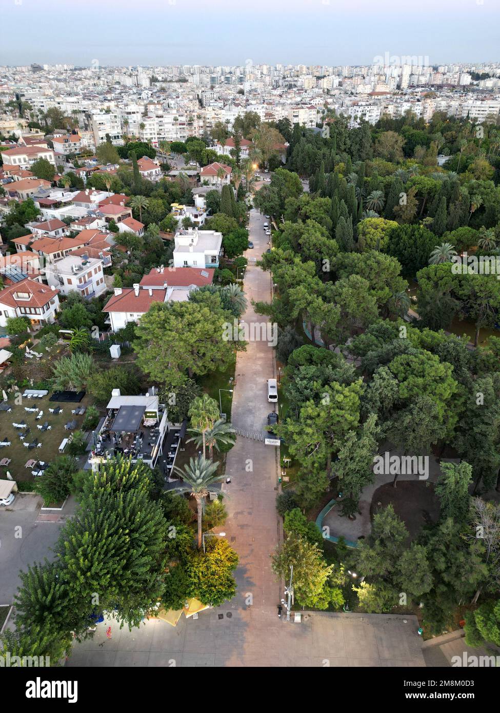 A beautiful view of a residential area and park with green trees in ...