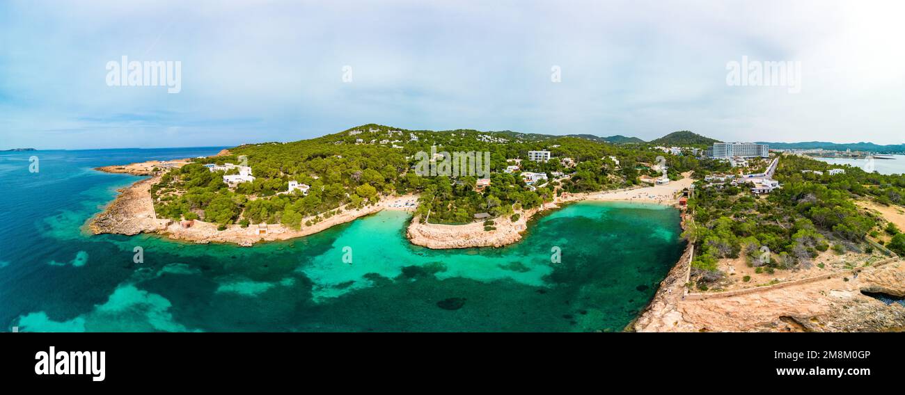 Cala Gracio and Calo el Moro beach on Ibiza island, Spain, aerial views ...