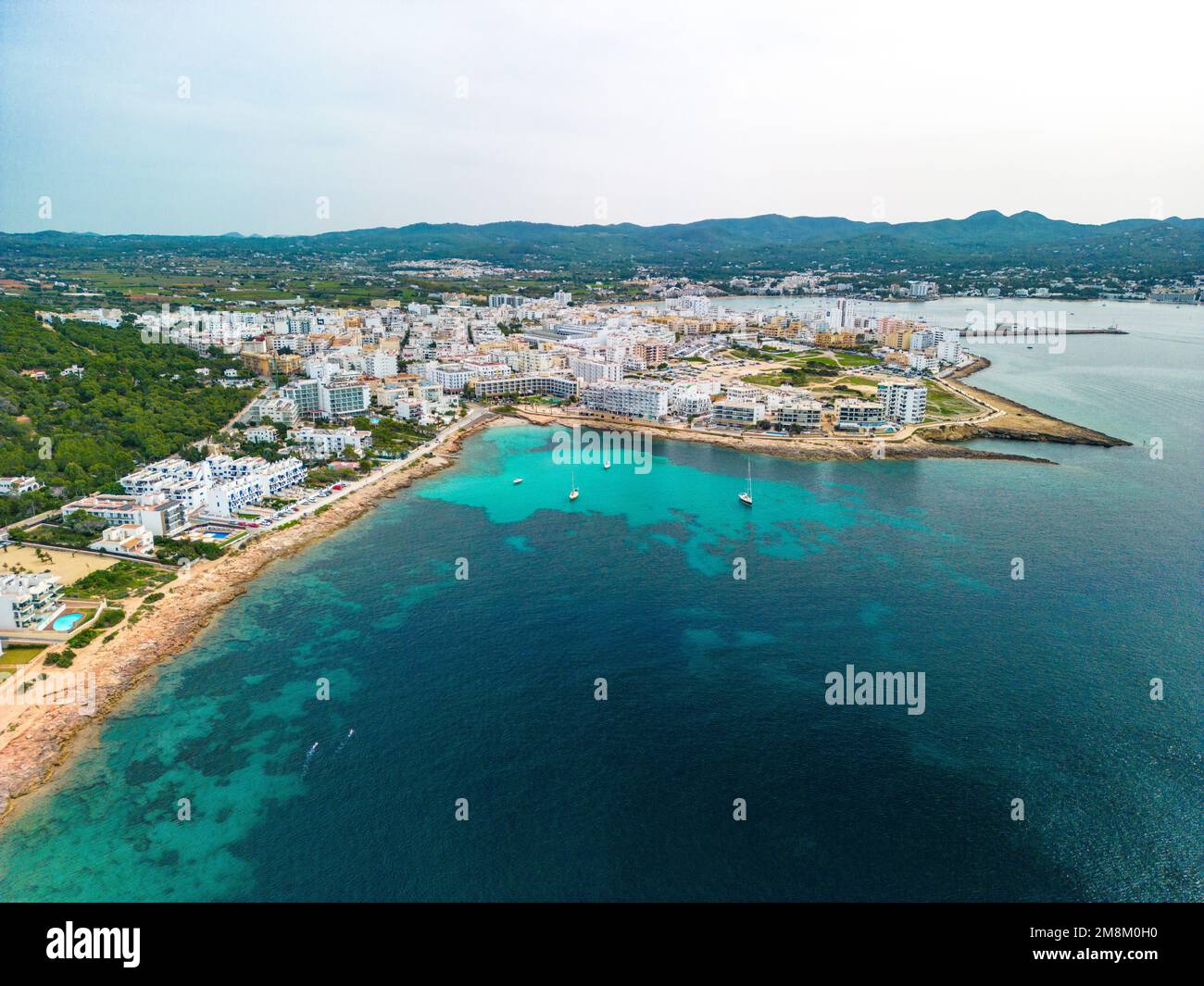 Cala Gracio and Calo el Moro beach on Ibiza island, Spain, aerial views ...