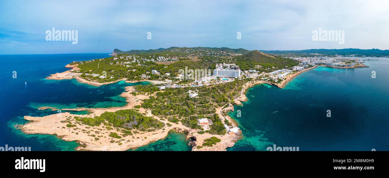Cala Gracio and Calo el Moro beach on Ibiza island, Spain, aerial views ...