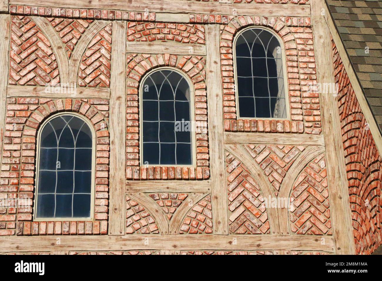 Windows of the Solvang historic, half timbered clock tower. The town's ...