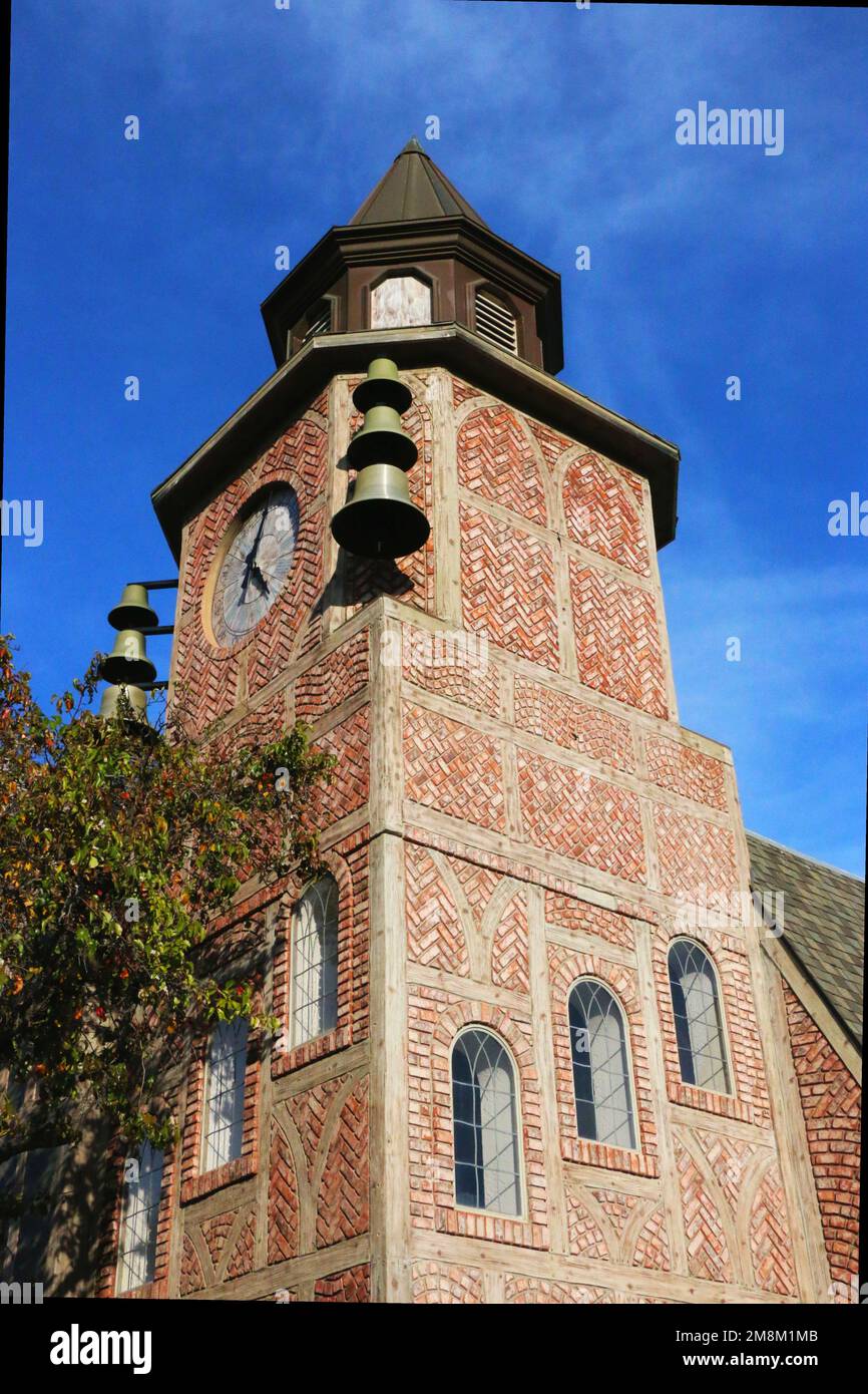 Solvang historic clock tower with bells, which are rung during the ...