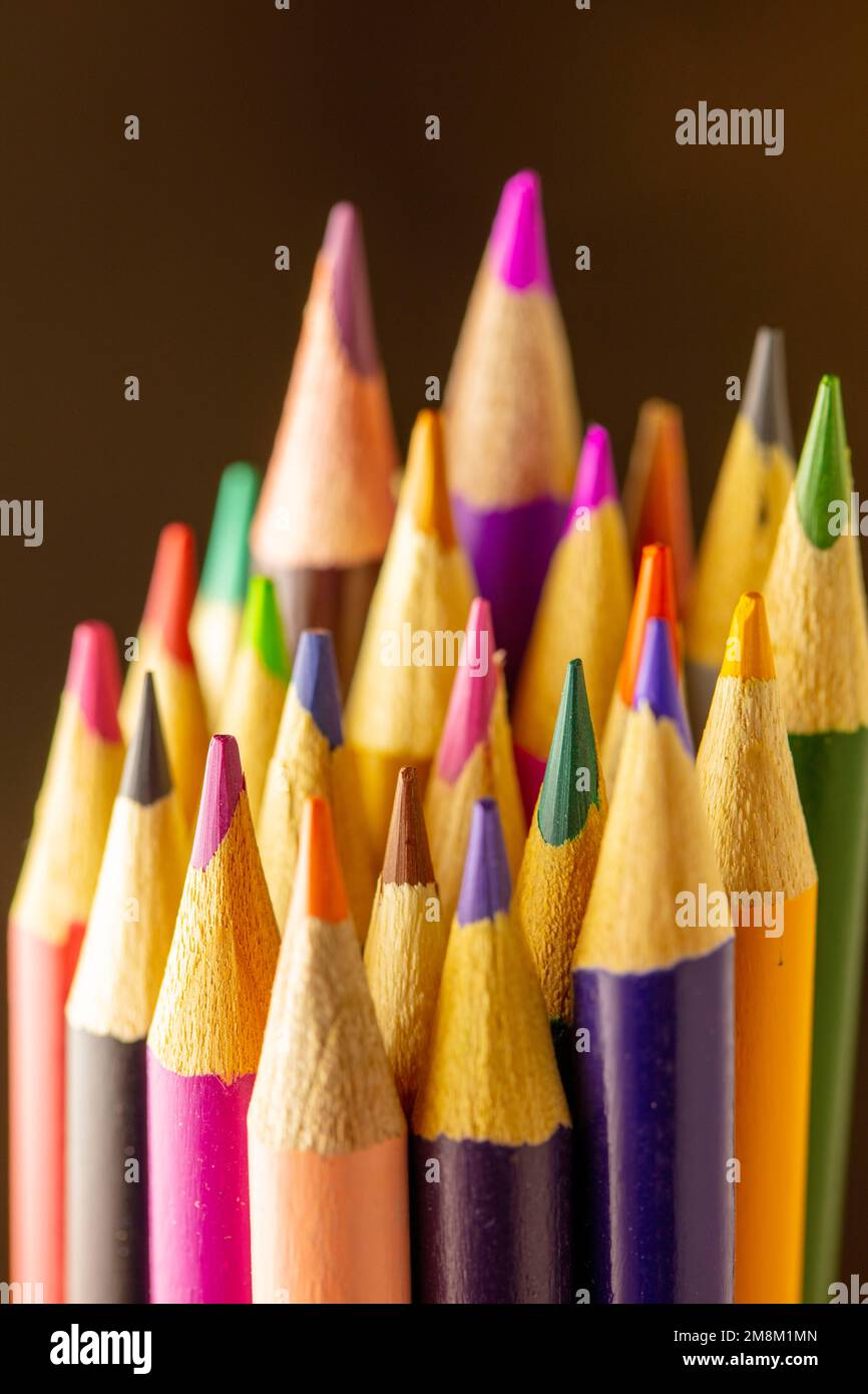 Close up still life of coloured art pencils with negative space Stock ...