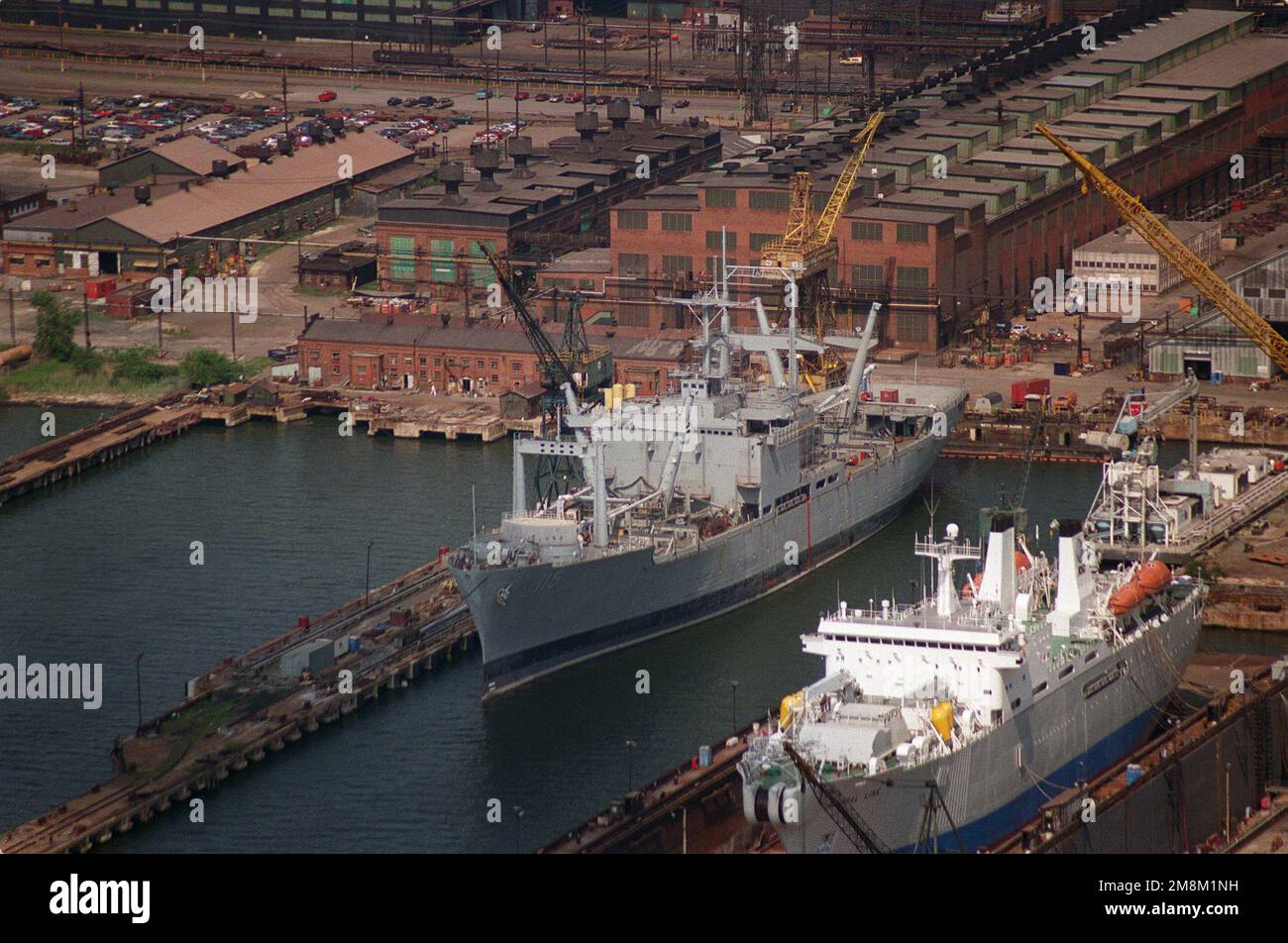 Aerial port bow view of the former amphibious cargo ship USS MOBILE ...