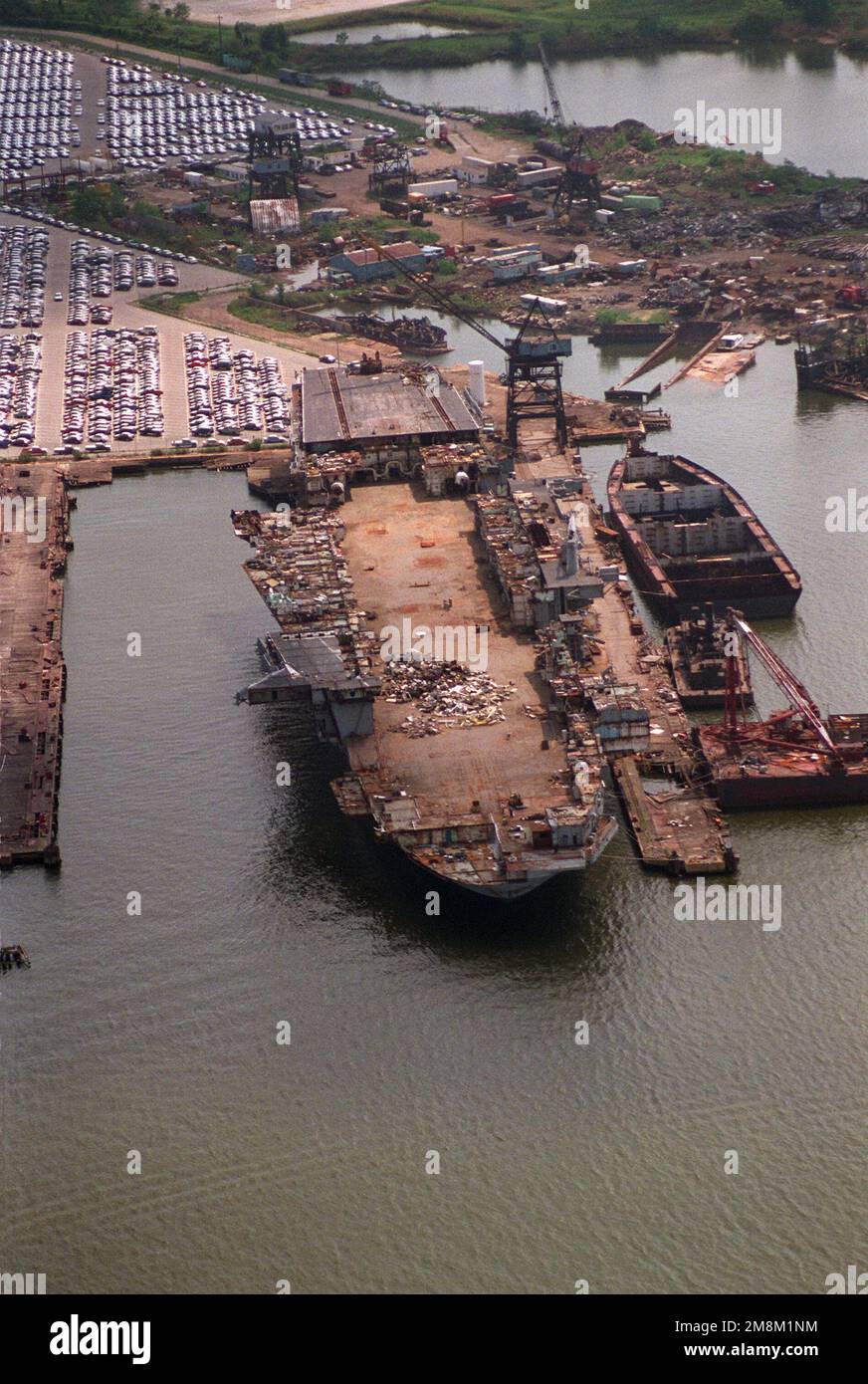 Aerial stern-on view of the decommissioned aircraft carrier CORAL SEA ...