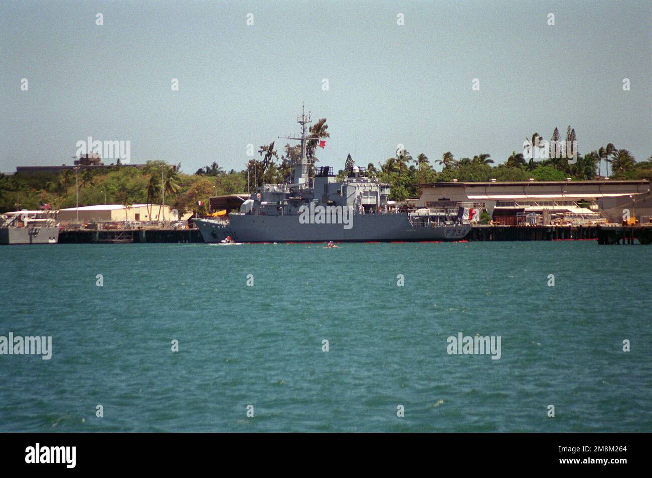 Port quarter view of the French frigate FRS VENDEMIAIRE (F-734) tied up ...