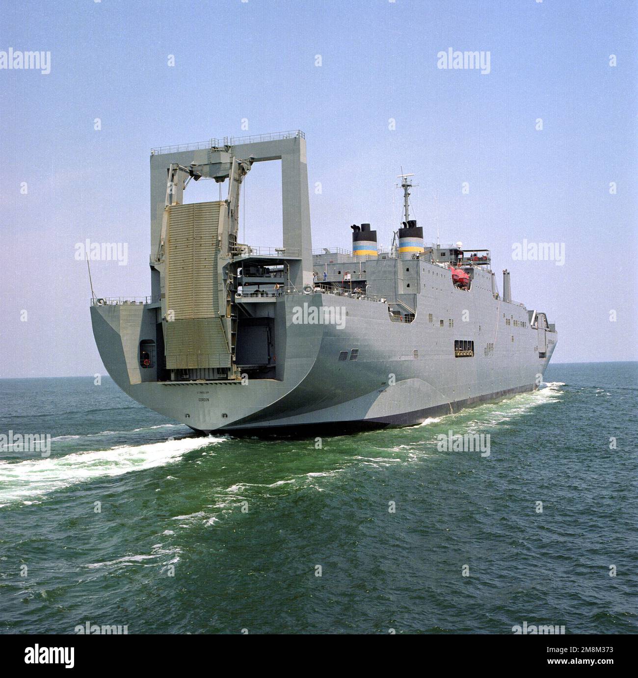 An aerial low oblique starboard quarter view of the Military Sealift Command (MSC) vehicle ...