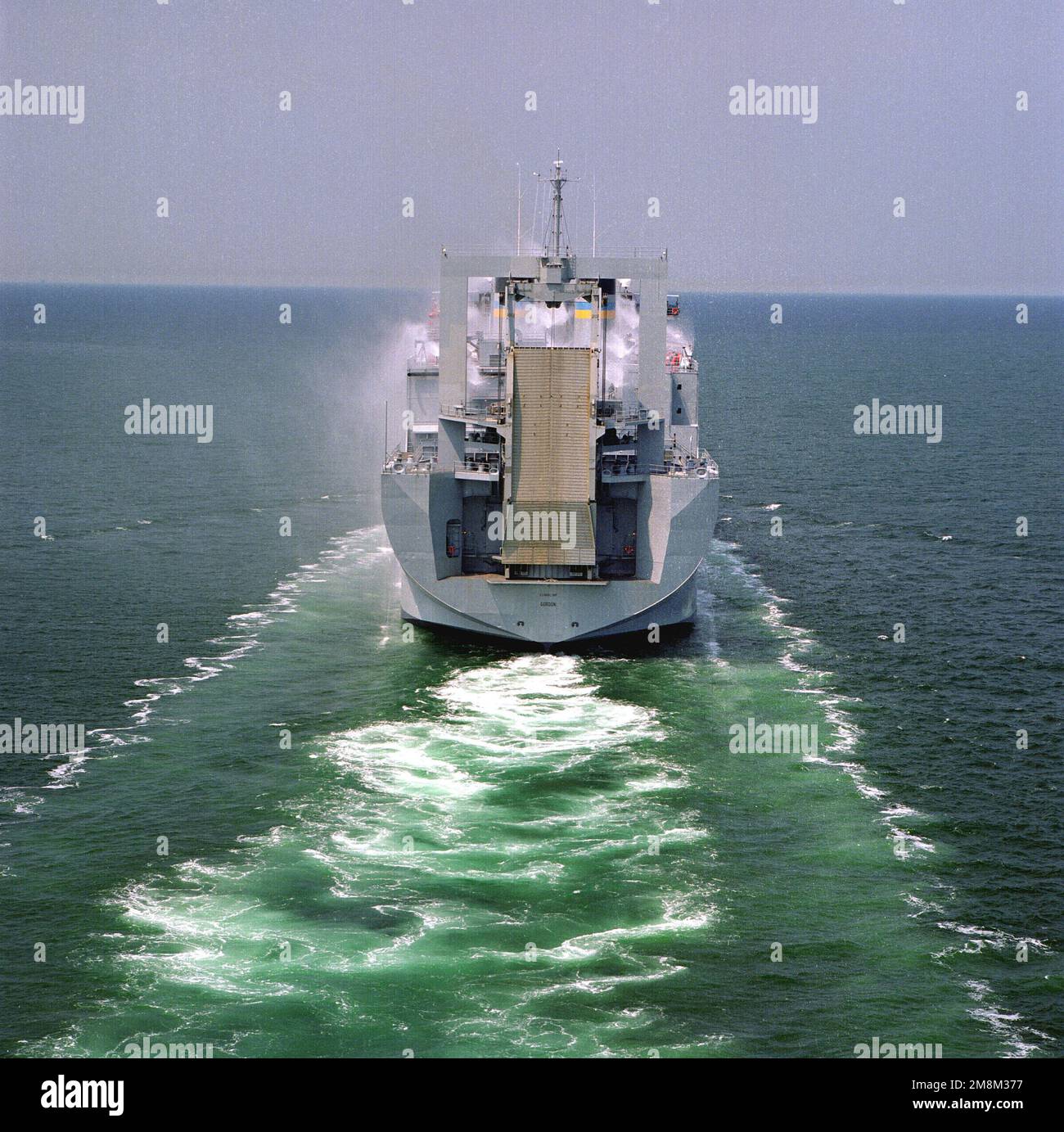 Aerial stern-on view of the Military Sealift Command (MSC) vehicle ...