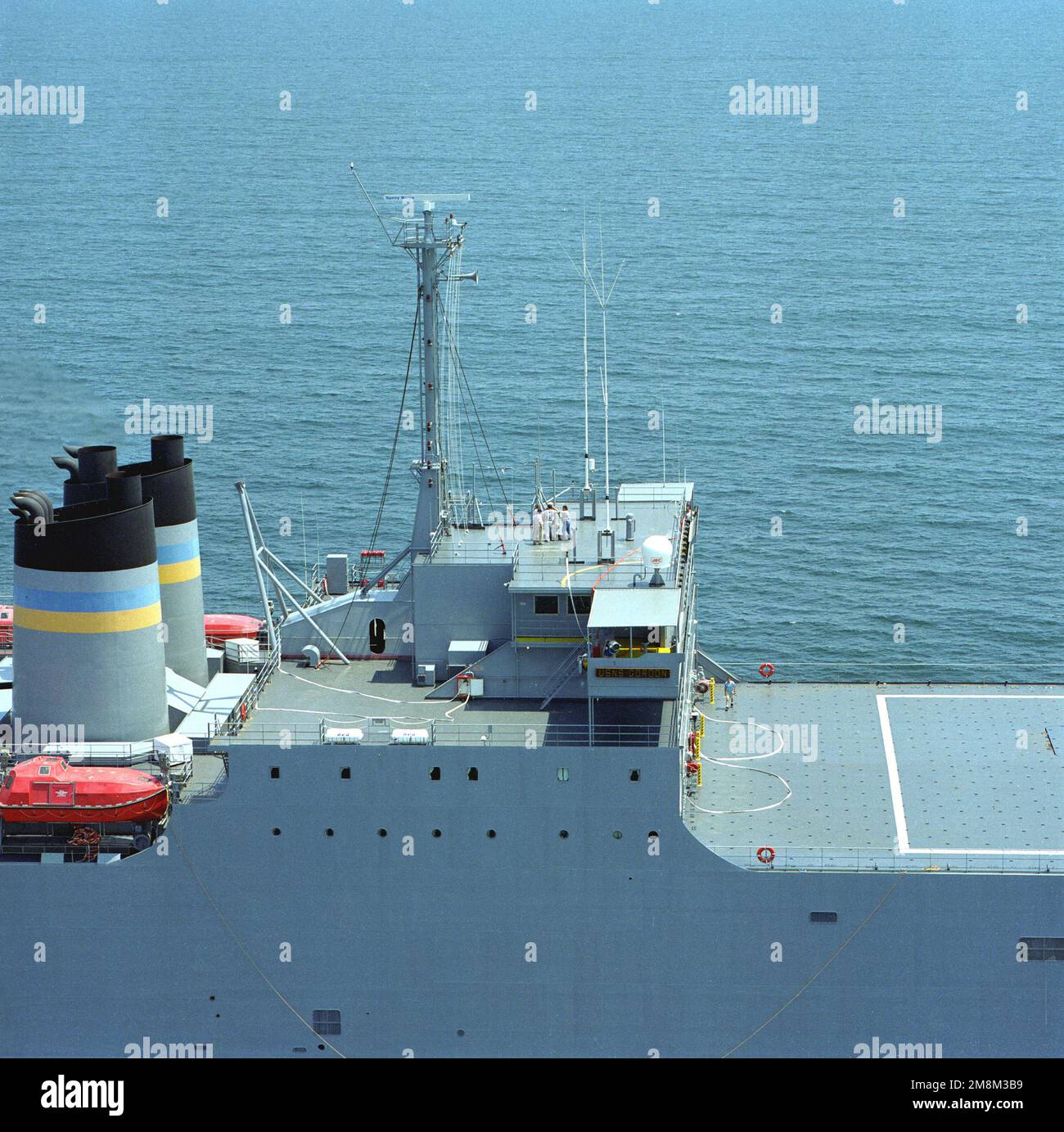 Starboard side view of the bridge area of the Military Sealift Command (MSC) vehicle transport ...