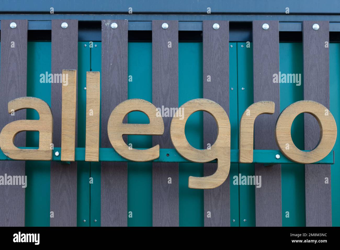 Poland, Poznan - January 01, 2023: Allegro wooden logo. Allegro is ...