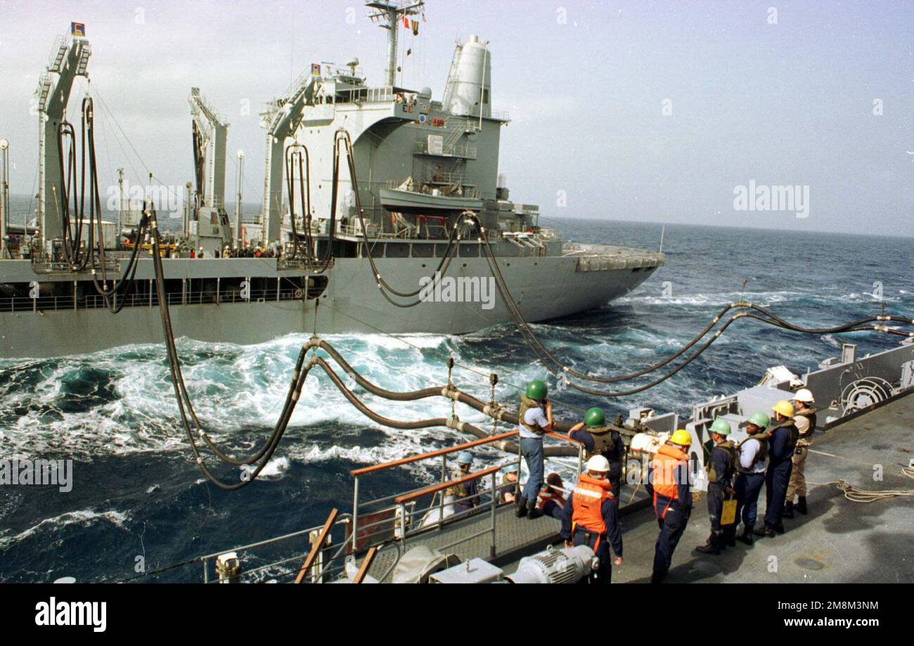 A starboard bow view of USS PONCE (LPD-15) undergoing replenishment ...
