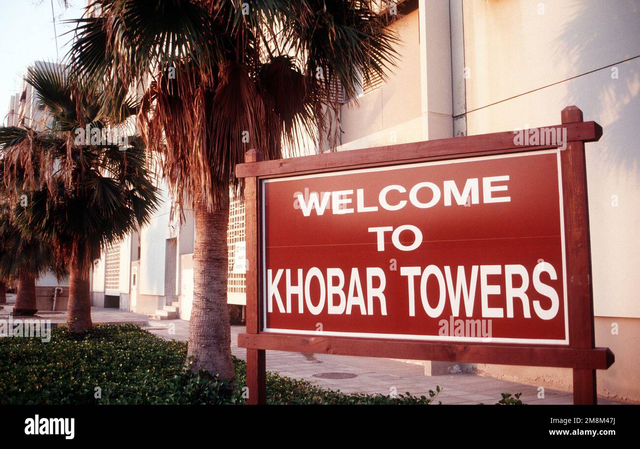 A sign marks the entrance of the Khobar Towers complex. The explosion ...
