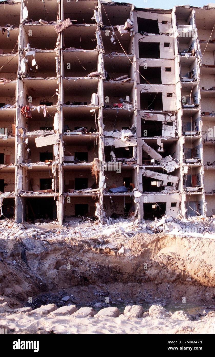 The severely bomb damaged north side of the building in the Khobar ...