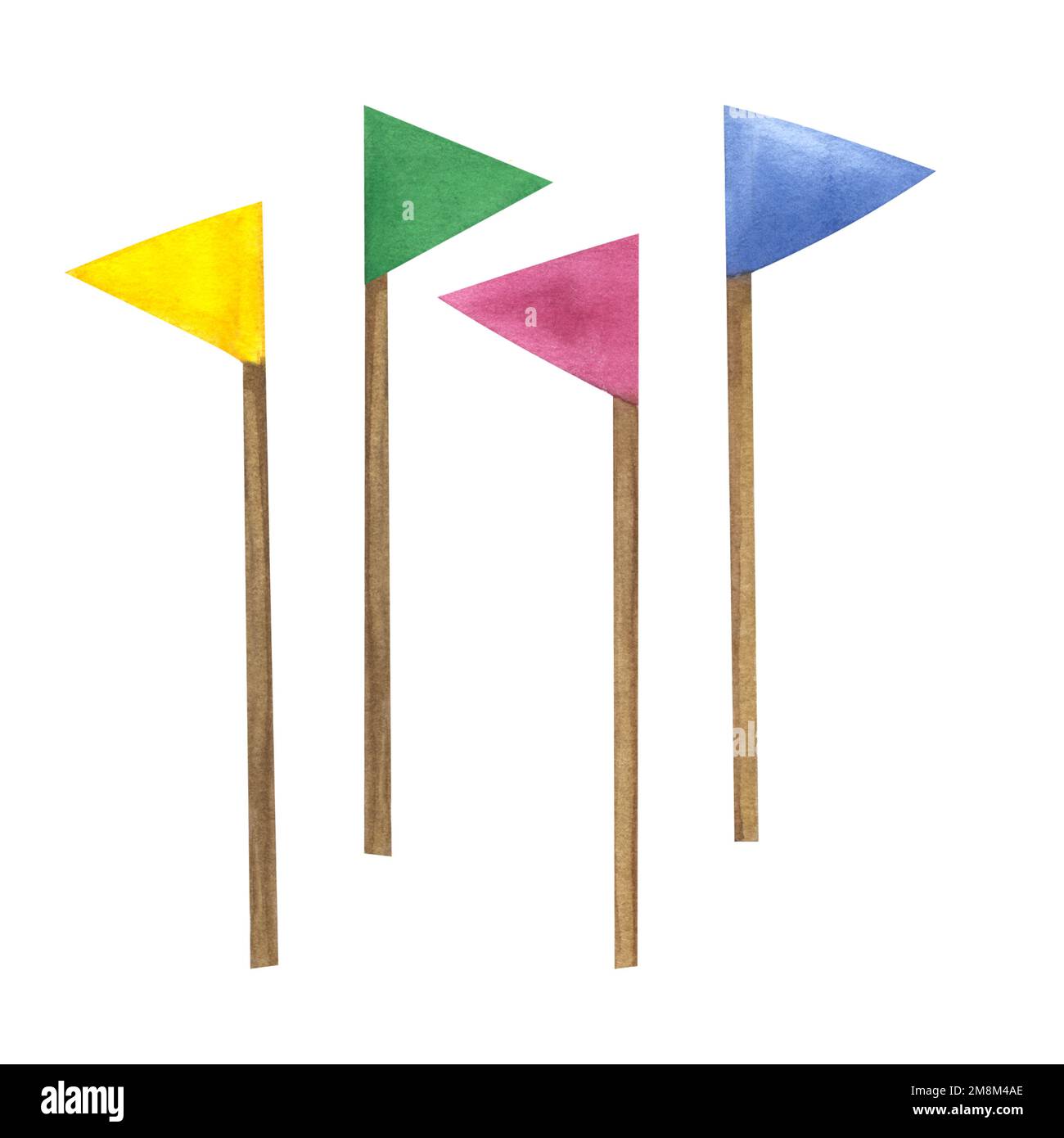 Set of multi-colored triangular flags on a stick. Pink, green, blue ...
