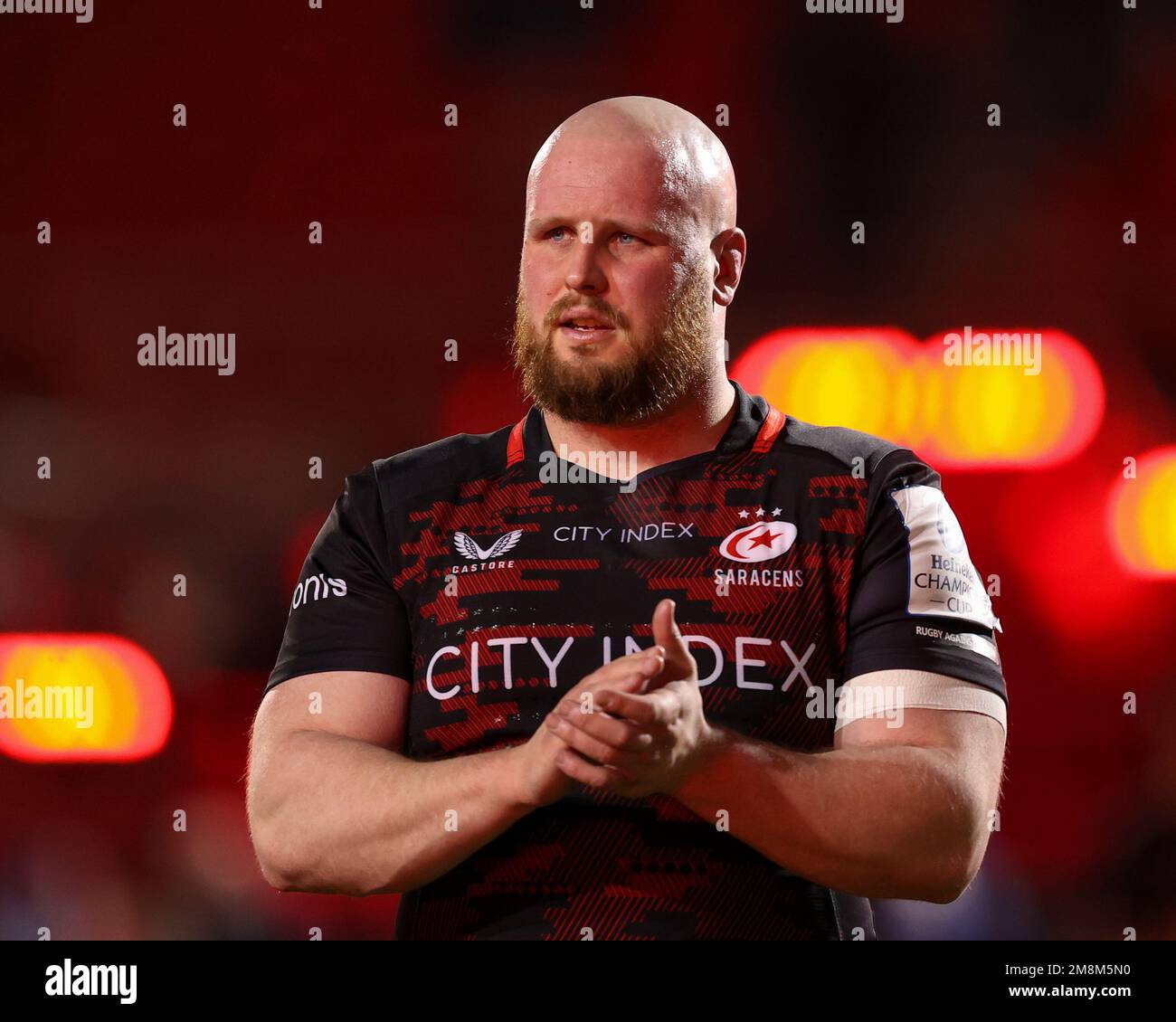 London, UK. 14th Jan, 2023. Christian Judge of Saracens applauds the ...