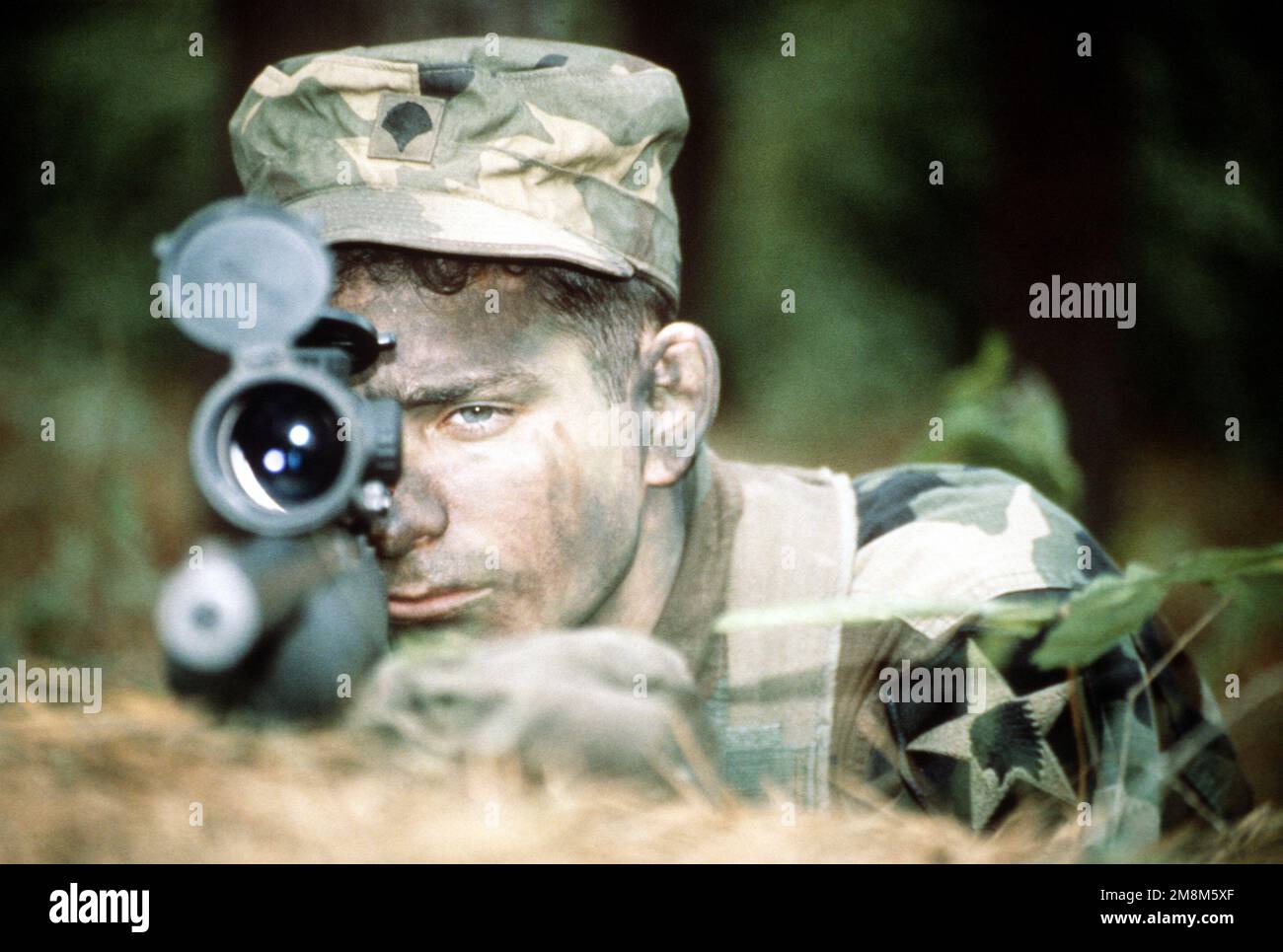 An Army sniper looks through the scope in search of a target. The ...