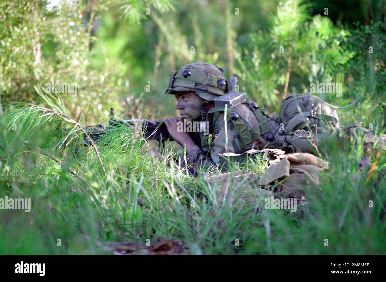 A soldier from the 82nd Airborne, in the prone position, on watch at ...