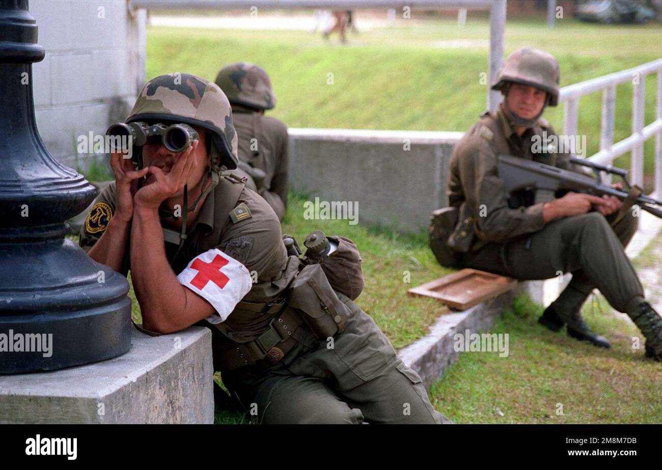 Austrian soldiers, one holding a Steyr AUG rifle, provide security ...