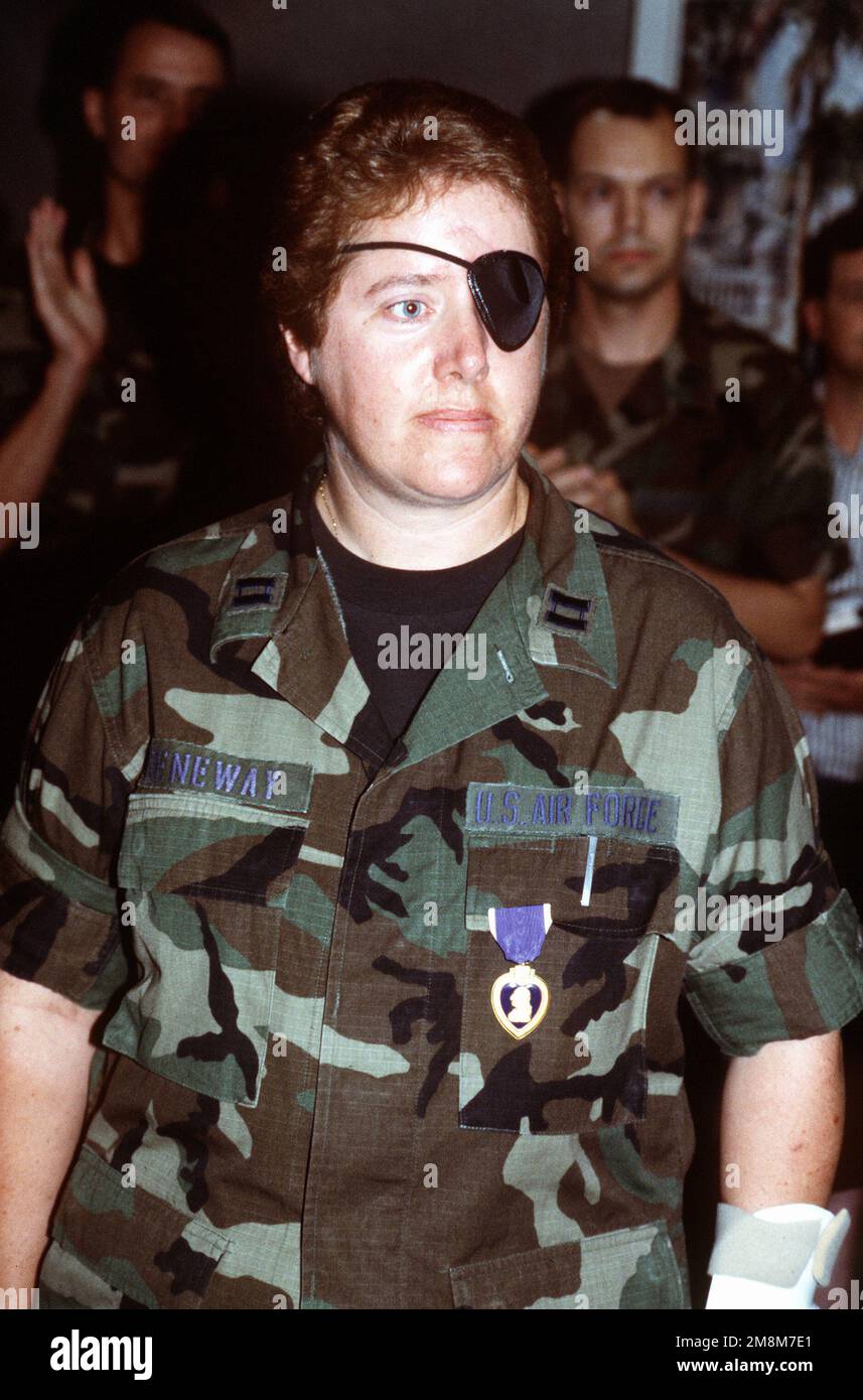 Captain Sandra J. Beneway wears her Purple Heart she has just received ...