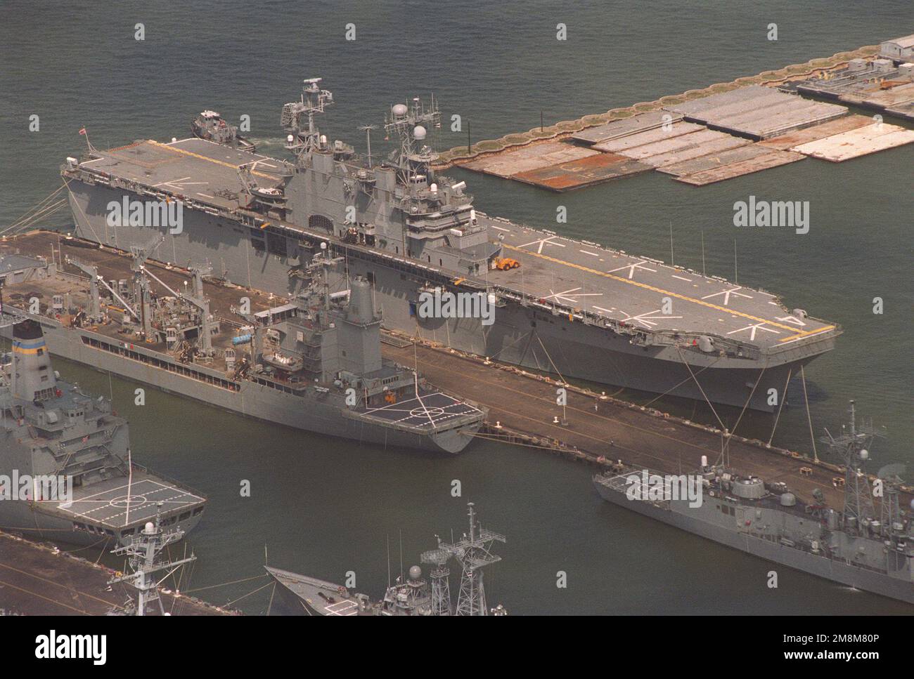An aerial view of a section of the Norfolk Naval Base showing various ...