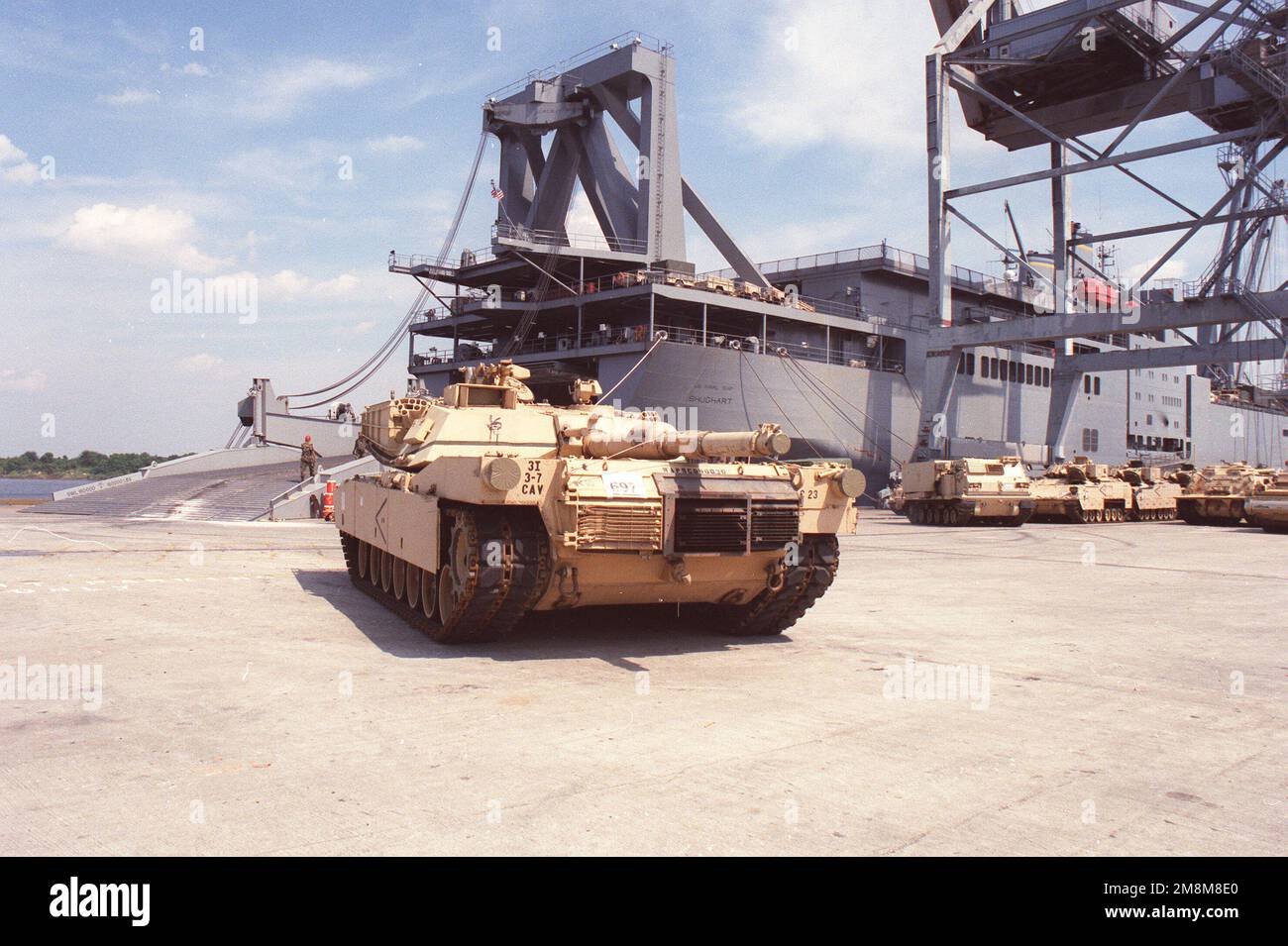 A 3/7, 3rd Infantry Division (M) M1 Abrams tank rolls off the USNS ...