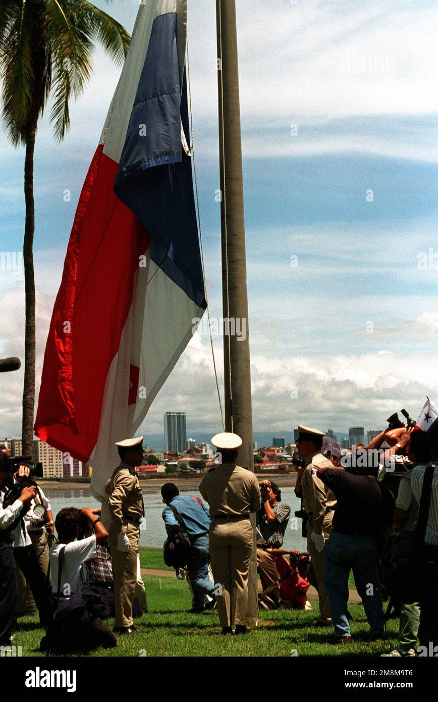 Panamanian soldiers raise their country's flag during the Fort Amador ...