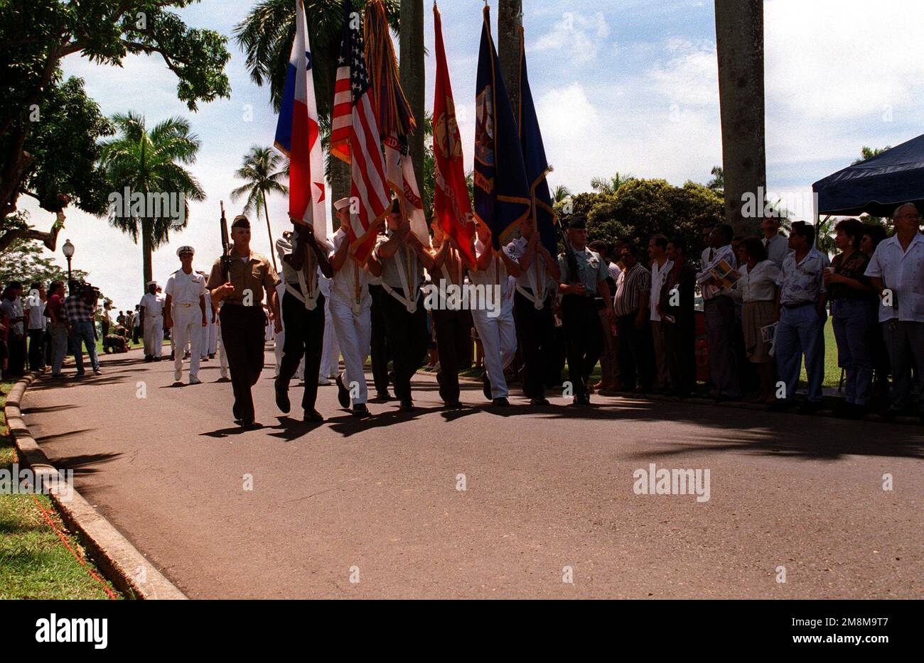The Color Guard depart Fort Amador during the Transfer Ceremony. Base ...