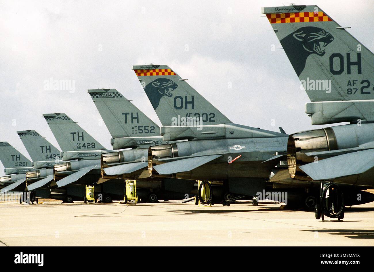 A view of the tail sections of F-16s from the Ohio and Indiana Guard as ...