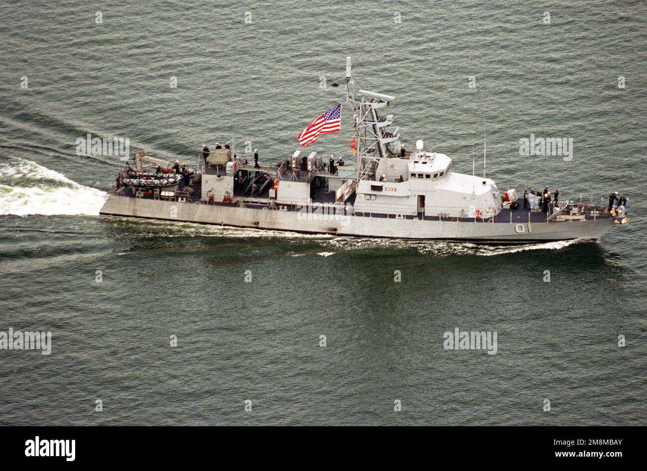 Aerial port beam view of the coastal patrol craft USS FIREBOLT (PC-10 ...