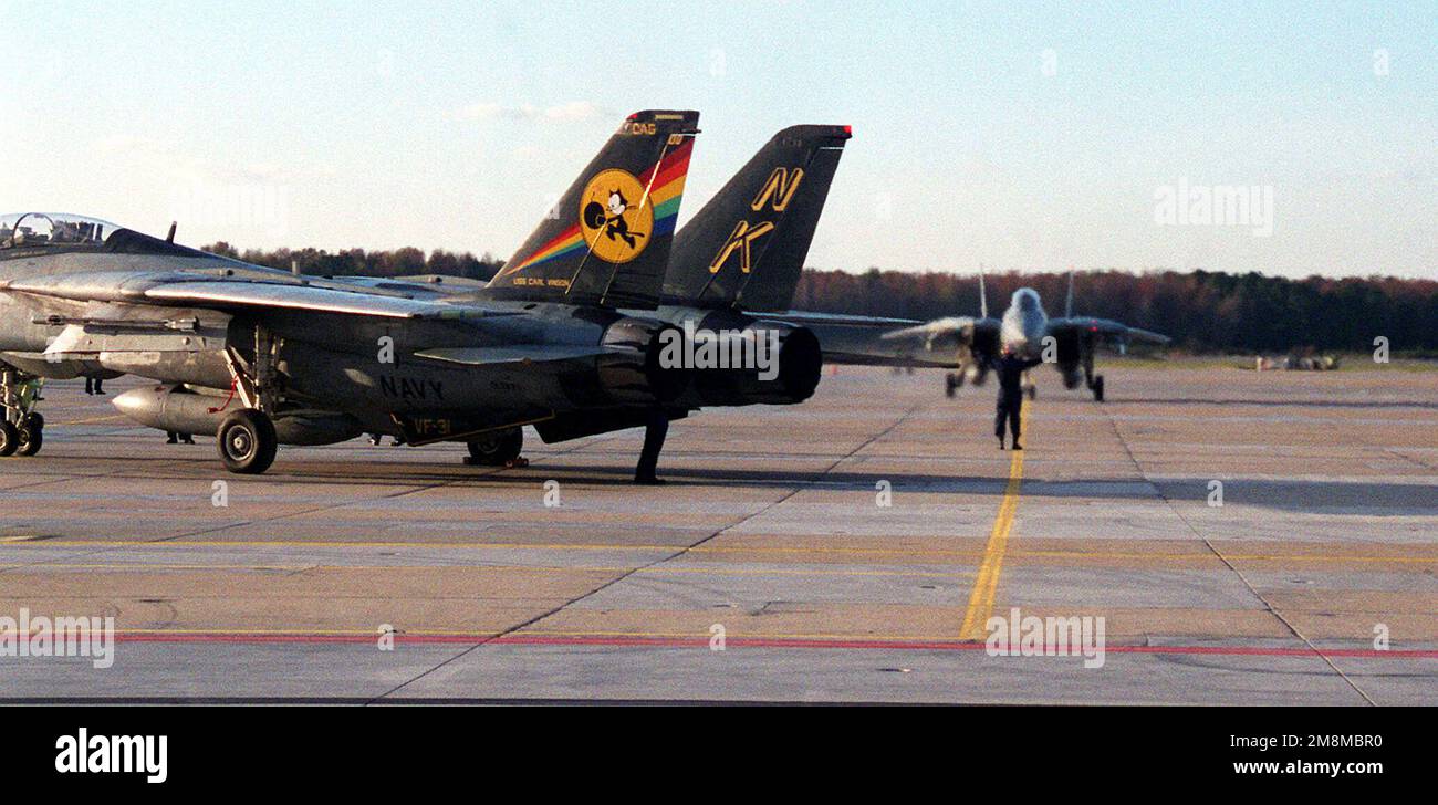 A port side view of a US Navy F-14 (Tomcat) from Fighter Squadron 31 ...