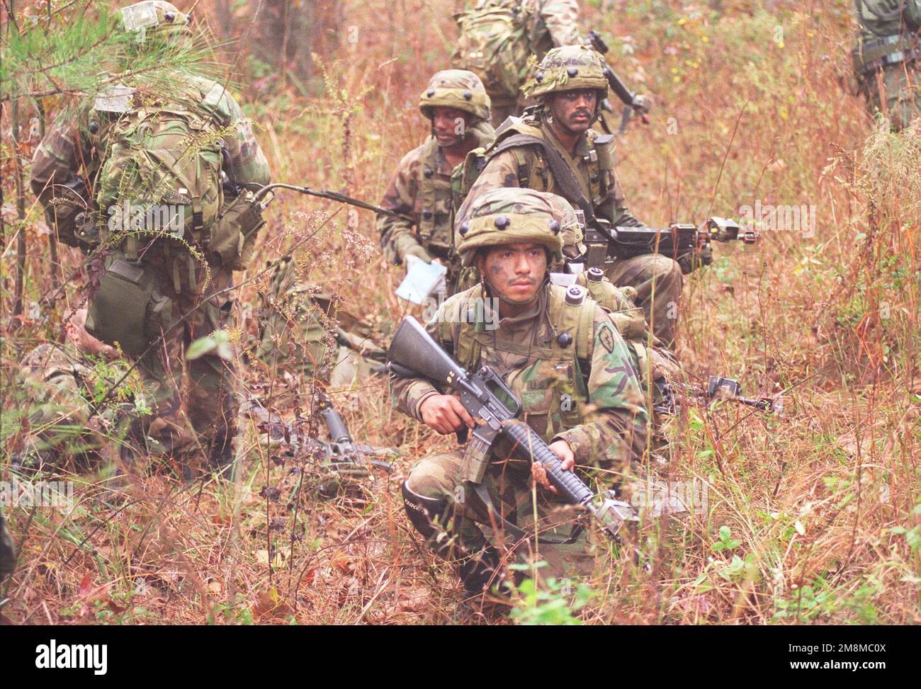 Soldiers armed with M16 rifles on patrol at the Joint Readiness ...