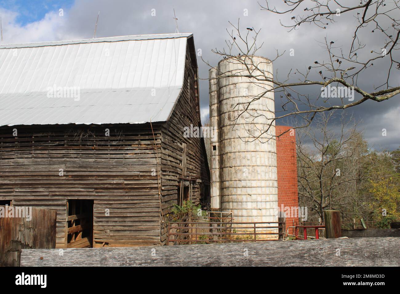 Old barn with red and white grain silos Stock Photo - Alamy